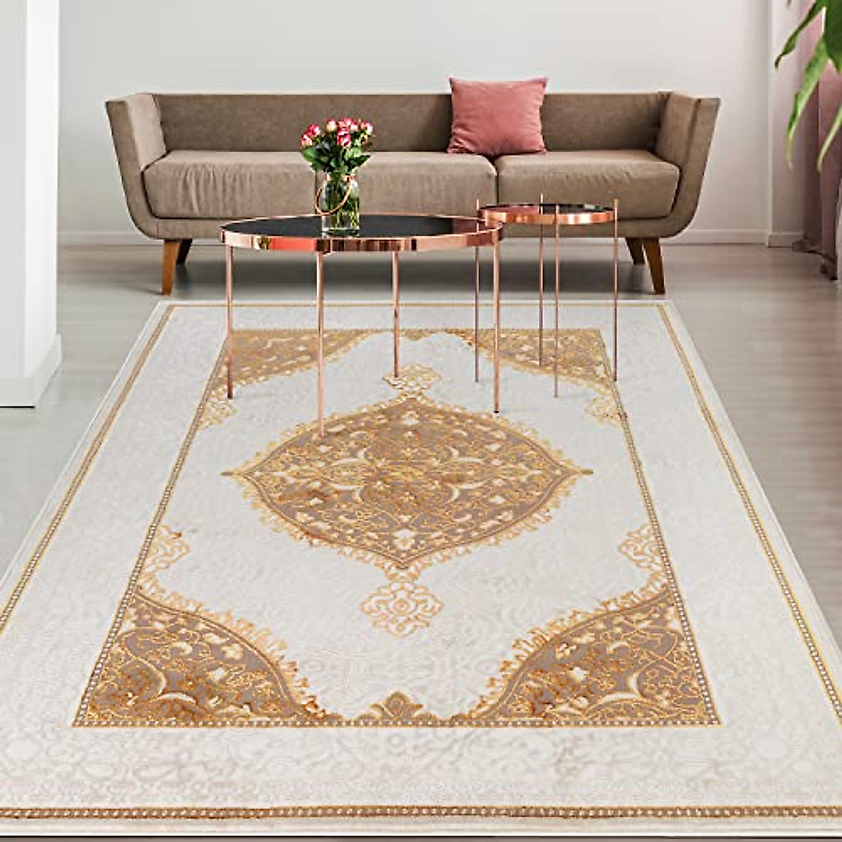 Antep Rugs Babil Gold 8x10 Oriental Bordered High Low Textured Traditional Indoor Area Rug, Beige Gold, 7'10" x 10'