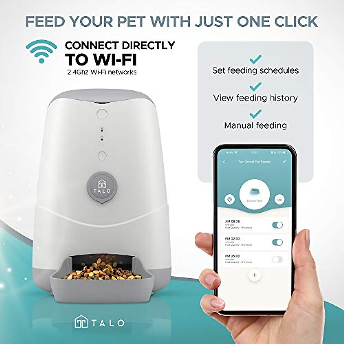 Talo Automatic Wi-Fi Pet Feeder 3.7L - Smart Cat Feeder - Dog Feeder with App Control - Food Dispenser with Timer - 130oz – White