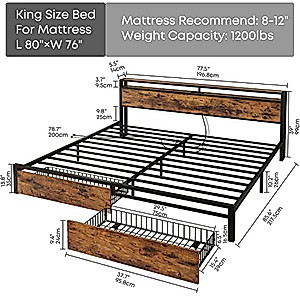 LIKIMIO King Bed Frame with Storage Headboard, Platform Bed with Drawers and Charging Station, No Box Spring Needed, Easy Assembly, Vintage Brown