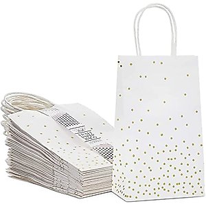 25 Pack Small White Gift Bags with Handles and Gold Foil Polka Dots (9 x 5 x 3 In)