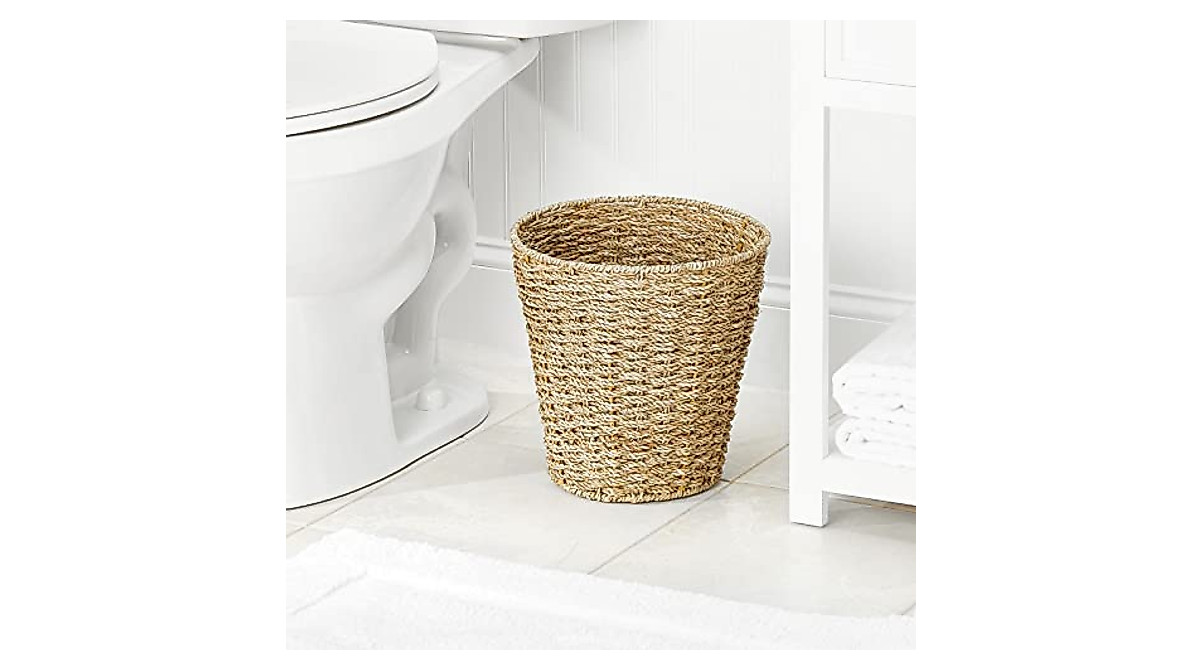 mDesign Small Natural Woven Waste Basket | Boho Bathroom Trash Can