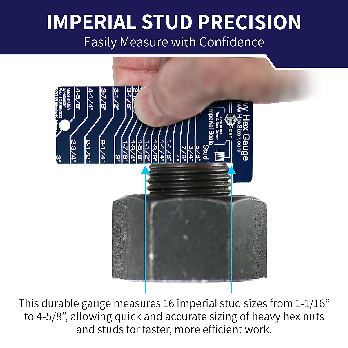 HexSizer Heavy Hex Gauge – Pocket Tool for Measuring Nut & Bolt Sizes | Inch & Metric | High Temp Laser Engraved | Nut & Bolt Sizer from 1-1/16" to 4-5/8" or 32mm to 120mm