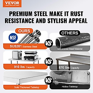 VEVOR Stainless Steel Work Table 30 x 60 x 38 Inch, with 4 Wheels, 3 Adjustable Height Levels, Heavy Duty Food Prep Worktable for Commercial Kitchen Restaurant, Silver