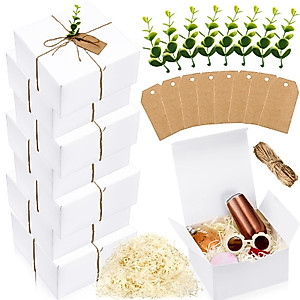 26 Pcs Gift Boxes Set 8 Paper Gift Box Kraft Boxes 8 x 8 x 4 Inch bridesmaid proposal boxes 8 Kraft Paper Gift Tags 8 Plastic Eucalyptus Leaves Stems 1 Cut Paper Shred Filler 1 Twine Rope (White)