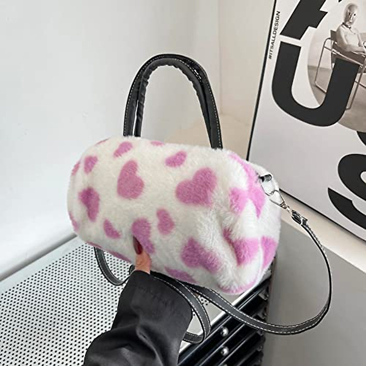 Crossbody Bags for Women Fashion Tote Bag Plush Soft Boston Shoulder Bag Love Heart Autumn Winter Ladies Handbag Purses
