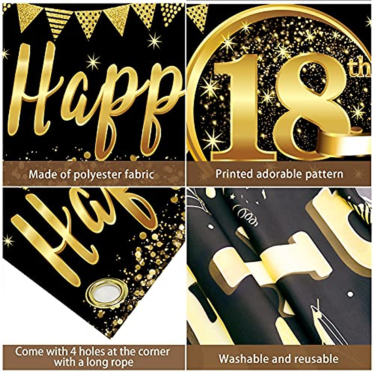 18th Birthday Banner Decorations for Men Girls, Black Gold Happy 18th Birthday Party Supplies, 18 Birthday Party Decor Sign
