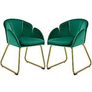 Yaheetech Velvet Dining Chair, Flower Shaped Armchair with Golden Legs, Upholstered Side Chair for Kitchen Dining Room Living Room, Set of 2, Green