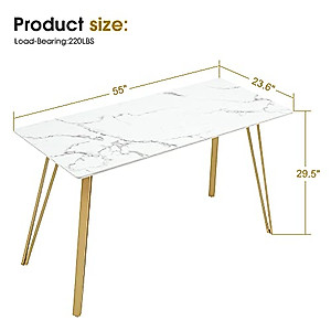 ivinta White Marble Dining Table, Modern Rectangle 55 inch Dining Room Table for 4/6, White Dining Table with Gold Hairpin Legs, Italian Type Simple Tea Table, Kitchen Table (Easy Assembly) (White)