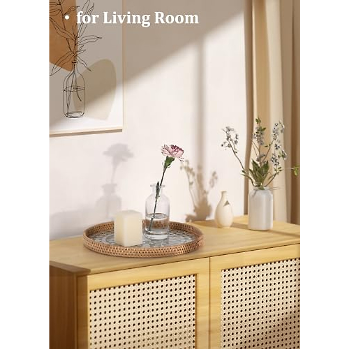 Tynulox 11.8" Rattan Tray with Mother of Pearl Inlay Wooden Base | Round Woven Wicker Tray | Coffee Table Tray for Storage Display Bread Fruit Breakfest