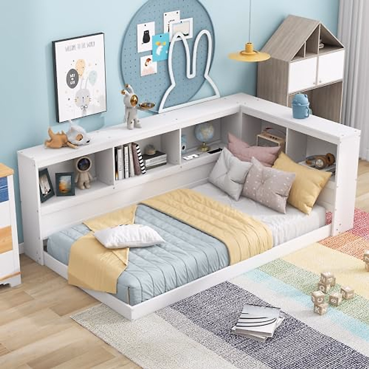 Modern Twin Size Daybed with Storage Cabinets and USB Ports, Wood Platform Bed Frame with L-Shaped Bookcases, Low Floor Bed Daybed for Kids Teens Boys Girls Bedroom (White 078)