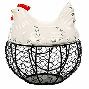 MyGift Black Metal Mesh Wire Egg Storage Basket with White Ceramic Farm Chicken Top Lid and Handles - Holds 30 Eggs