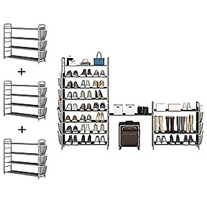 SUOERNUO Shoe Rack Storage Organizer 4 Tier Free Standing Metal Shoe Shelf Compact Shoe Organizer with Side Bag for Entryway Closet Bedroom, Grey