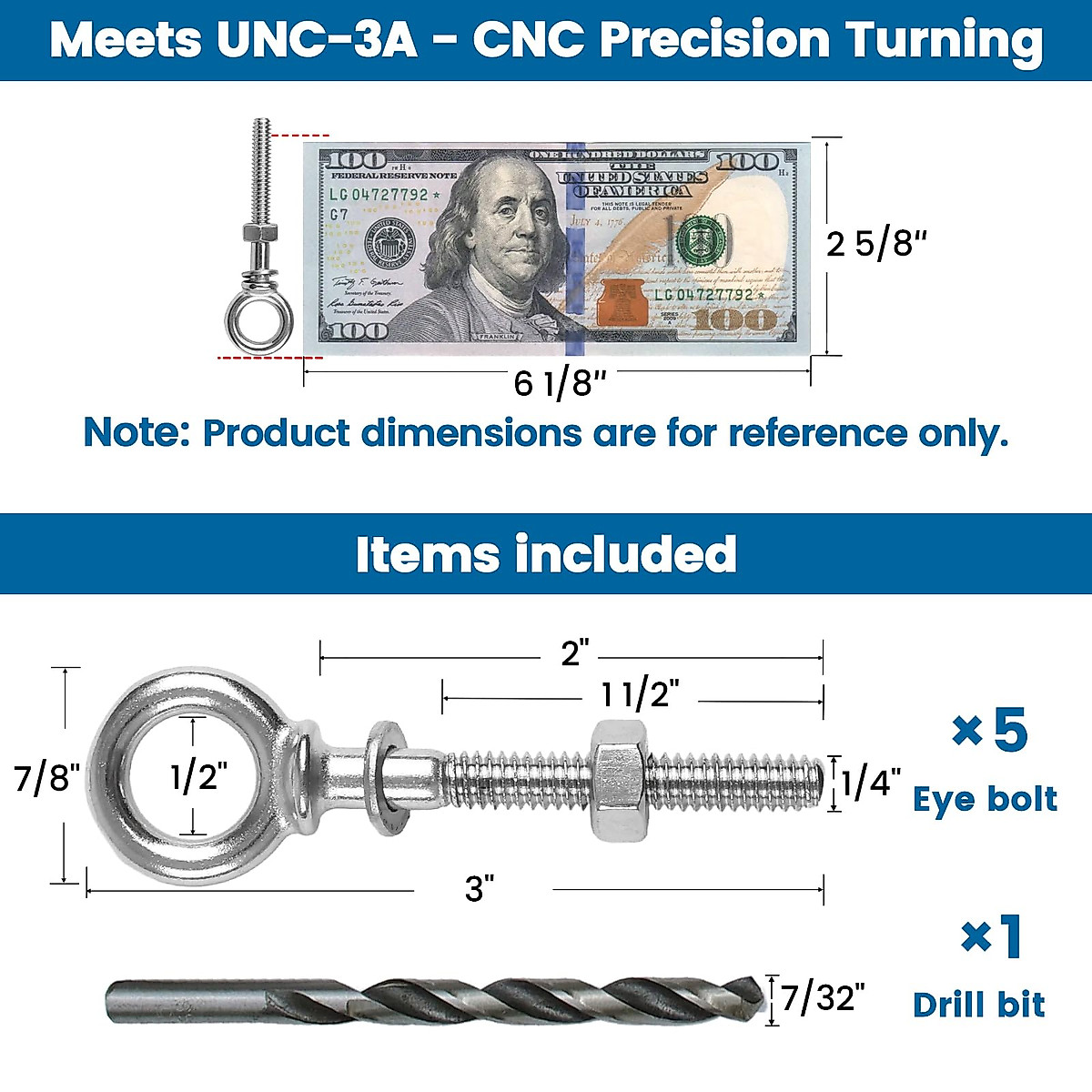 Muzata 5 Pack 1/4" x 2" Eye Bolt T316 Stainless Steel Eye Bolts with Nuts Washers Threaded Heavy Duty Shoulder Lifting Ring Total 3" Length Marine Grade UNC-3A CR31