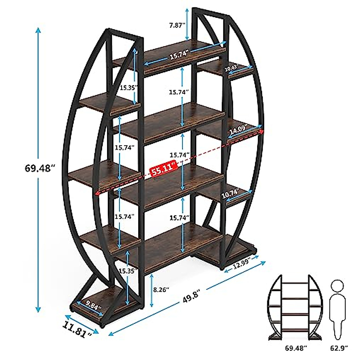 Bookshelf, Oval Triple Wide 5 Tiers Etagere Bookcases, Industrial Display Shelves for Living Room (Brown, 55")