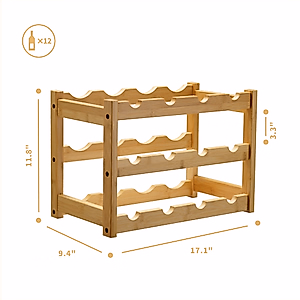 VASMIA Bamboo Wine Rack, Sturdy and Durable Wine Storage Cabinet Shelf, Wine Racks Countertop for Pantry,Kitchen,3-Tier 12 Bottles Wine Rack Natural
