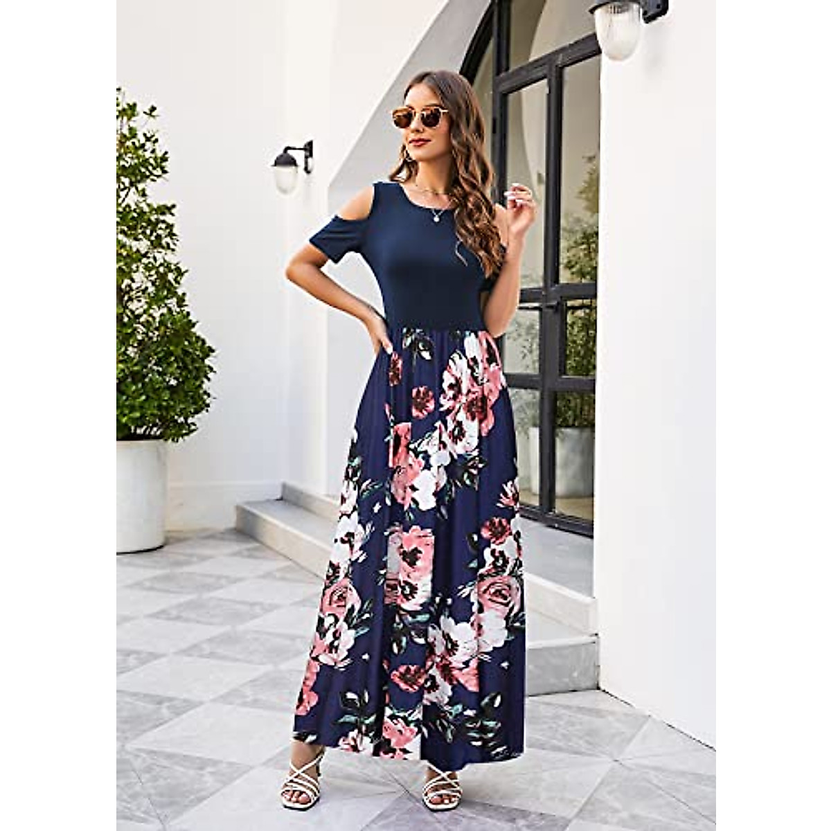 Kancystore Women's Cold Shoulder Floral Print Dresses Swing Long Dress with Pockets (Navy Blue_XXL)