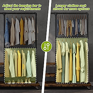 Raybee Industrial Pipe Clothes Rack Heavy Duty Clothing Racks for Hanging Clothes, 400LBS Clothes Rack with Shelves Wheels, Portable Adjustable Rolling Garment Rack for Hanging Clothes, Rustic Brown