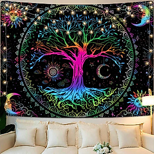 Kanuyee Tree of Life Tapestry Yin and Yang Sun Moon Star Tapestries Galaxy Space Tapestry Mandala Wall Tapestry Black Aesthetic Tapestry for Room Decor (35''high × 47''wide, Colorful)