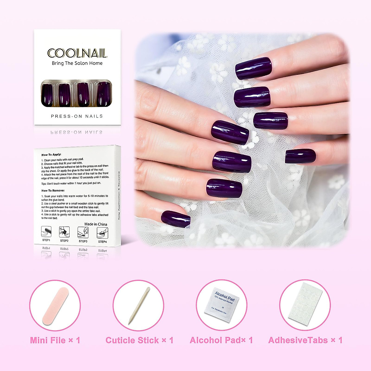 Coolnail Dark Purple Press On False Nails Medium Length Square Reusable Acrylic Deep Violet Solid Color Nail Art Tips Fake Fingernails for Women & Girl