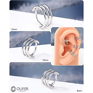 OUFER 16G Conch Piercing Jewelry, 316L Stainless Steel Conch Earrings, Three Row Nose Rings Hoops, Helix Cartilage Daith Rook Earrings for Women and Men-12MM