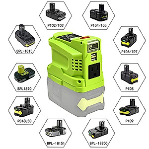 Portable Power Inverter for Ryobi 18V Battery 200LM LED Flashlight 150W Inverters Generator Power Source for 18V 2 USB AC Output, DC 18V to AC 110~120V（Tool ONLY） Green