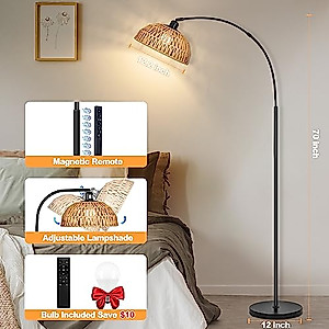 Arch Floor Lamp- Bronze Boho Floor Lamps with Remote, 360° Rattan Shade, Foot Switch, Rattan Floor Lamp with Stepless Dimmable LED Bulb, Brown Rustic Floor Lamp for Living Room, Bedroom, Office