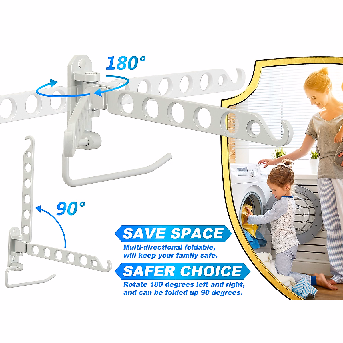 VICSKY Wall Mounted Small Drying Rack with Bar, 180° Swing Arm and 90°Folding, Laundry Room Dryer Rack, Sturdy Hanging Clothes, Safe Valet Hook, Solid Aluminum (White, 2Pack)