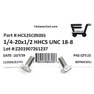 1/4-20x1/2 Stainless Steel Hex Cap Screws FT Hex Bolts 18-8 (UNC) COARSE Thread - (25 pcs)