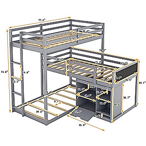 Eafurn L-Shaped Bunk Beds for 3,Twin Size Triple Bunk Beds with Storage Cabinet and Blackboard,Solid Wood Floor Bunk Bed for Kids Teens Adults