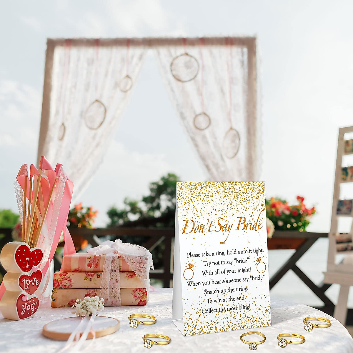 Geosar Ring Game Put a Ring on It Bridal Shower Games with Rings Dont Say Bride Game Rules and 60 Plastic Rings Bridal Shower Favors for Guests Wedding Shower Games(Gold, Confetti)