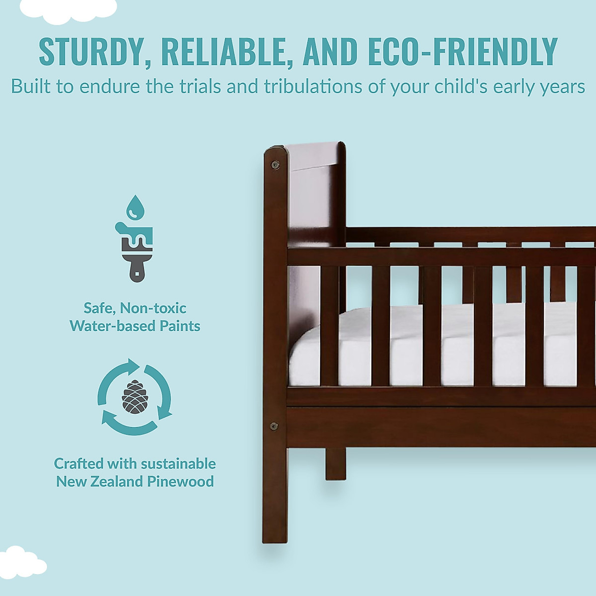 Dream On Me Brookside Toddler Bed In Espresso, Greenguard Gold Certified, JPMA Certified, Low To Floor Design, Non-Toxic Finish, Safety Rails, Made Of Pinewood