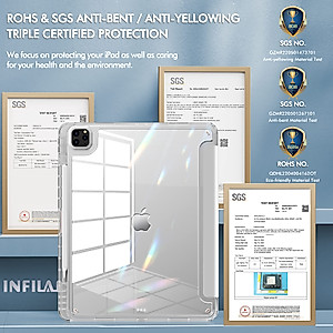 INFILAND Compatible with iPad Pro 12.9 Case 2022/2021(6th/5th Gen), [Crystal Clear Both Back & Frame] Anti-Yellowing + Pencil Holder (A2378, A2461, A2379, A2462, A2436, A2764, A2437, A2766), Silver