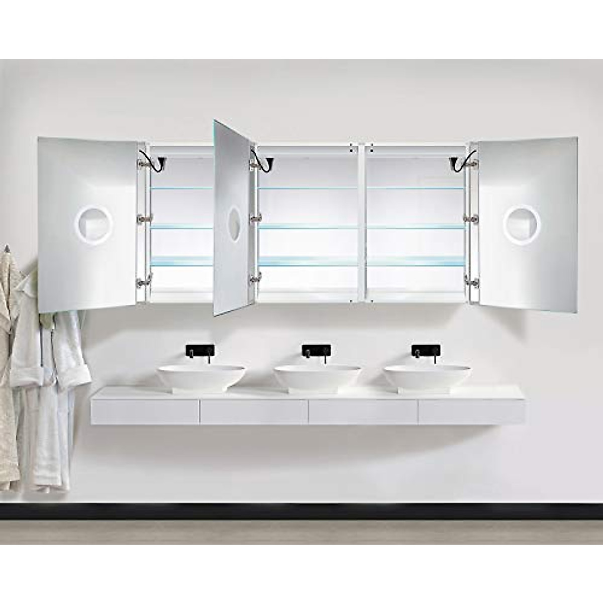Krugg LED Medicine Cabinet 72 Inch X 36 Inch | Recessed or Surface Mount Mirror Cabinet w/Dimmer & Defogger + 3X Makeup Mirror Inside & Outlet + USB(Left Left Right)
