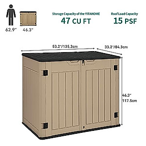 YITAHOME Large Outdoor Horizontal Storage Shed, 47 cu ft Resin Tool Shed w/o Shelf, Outdoor Waterproof Storage with Floor for Trash Cans, Garden Tools, Lawn Mower, Lockable, 4.5x2.8x3.9 ft, Brown