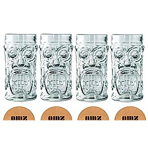 AMZ Empire Screaming Tiki Glasses 16 oz Cooler Glass, 4 Pieces, Modern Bar Party Set With Picks