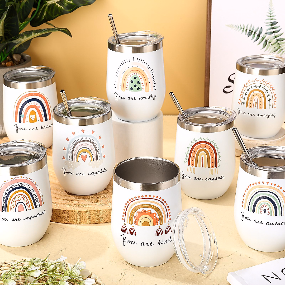 Mifoci 8 Pcs Inspirational Gifts for Women Bulk 12 oz Boho Rainbow Wine Tumbler Cups Vacuum Insulated Stainless Steel Coffee Mugs with Lids Straws Brushes Thank You Gifts for Coworkers Teacher Friend
