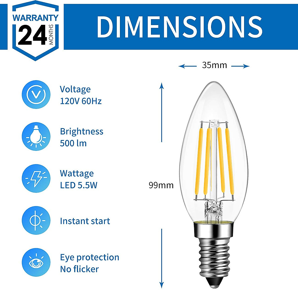 ANWIO B11 LED Filament Bulb E12 Candelabra Medium Base 2700K Warm White, 5.5W(60W Equivalent) 500 Lumens Non-Dimmable Decorative Candle Light Bulb, Pack of 6