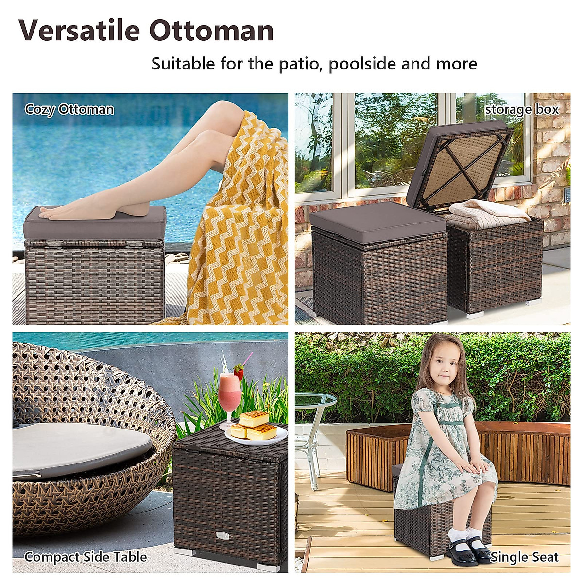 Tangkula 2 Pieces Patio Ottomans, Patiojoy Hand-Woven PE Rattan Side Table with Removable Cushion & Hidden Storage Space, Multifunctional Storage Box, Seat for Patio, Backyard, Poolside (Grey)