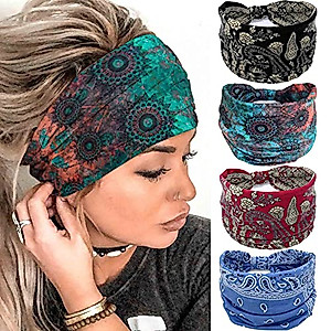 Acenail Boho Headbands Women Wide Head Bands Knotted Turban Headband Nonslip Elastic Hairbands Floral Hairband Workout Hair Scarfs Yoga Sweatbands Bohemian Head Wraps for Women 4Pcs(#5 Gorgeous)