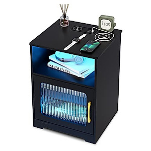 HNEBC Auto LED Nightstand with Charging Station, Smart Night Stand with Wirelss/USB/Type-C, Bedside Table with Body Sensing Lights (Black)