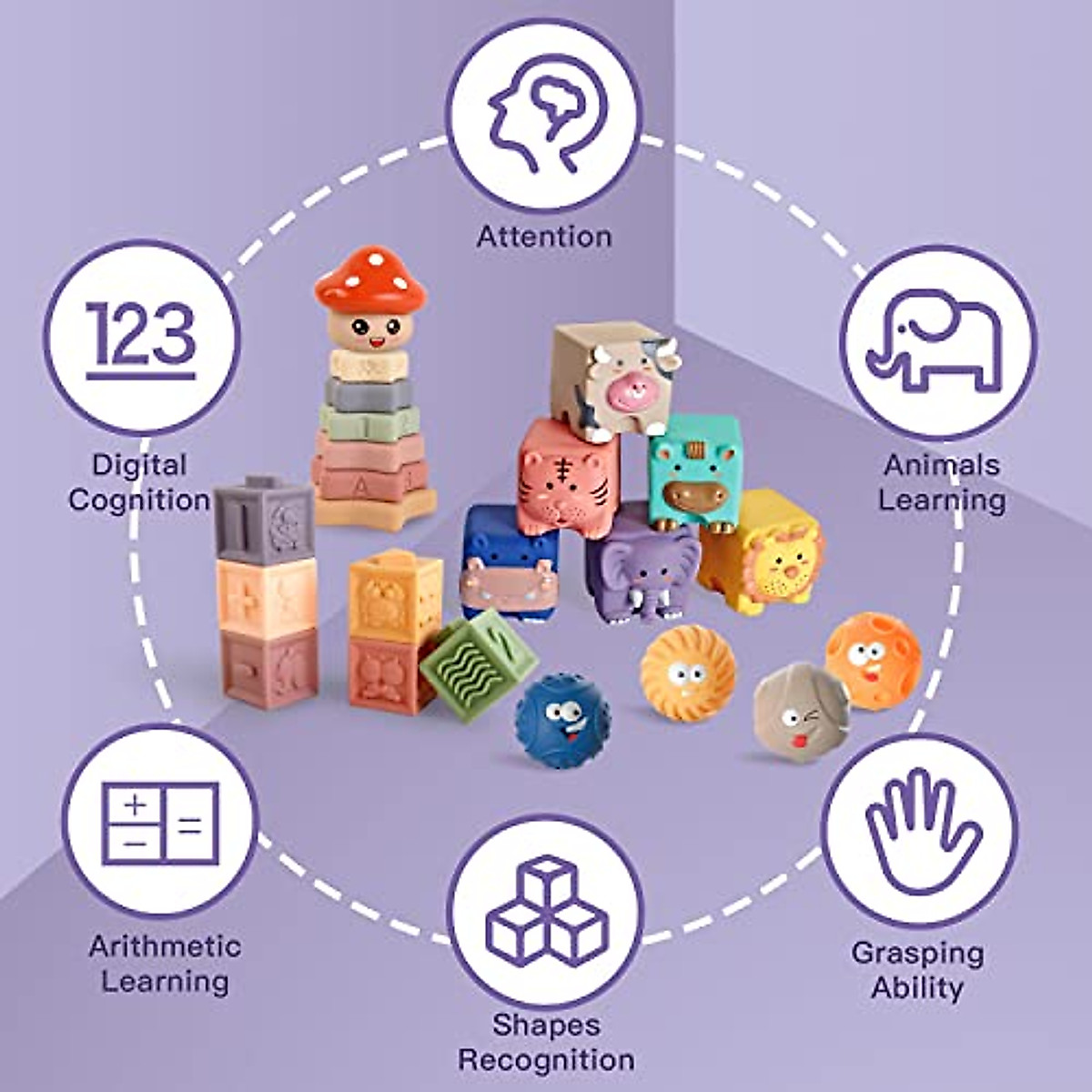 Oueyes Montessori Toys for Babies 6-12 Months Baby Toys 4 in 1 Baby Blocks Soft Stacking Building Blocks Rings Balls Sets Baby Sensory Toys 6-12 Months Infants Teething Toys