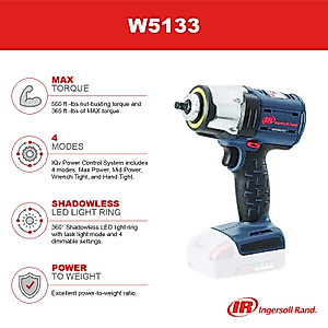 Ingersoll Rand W5133 3/8" 20V Cordless Impact Wrench, 550 ft-lb Torque, Friction Ring Retainer, Pistol, Bare Tool