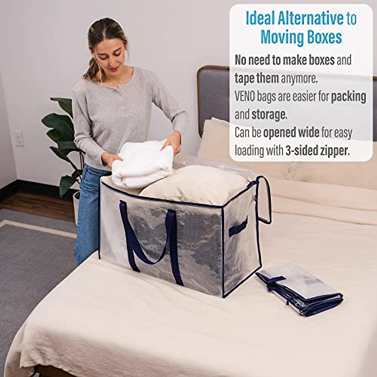VENO 8 Pack Extra Large Moving Storage Bags with Zippers, Foldable Heavy-Duty Tote for Space Saving, Alternative to Moving Boxes, Packing Supplies, Plastic Storage Bins (Clear - Set of 8)