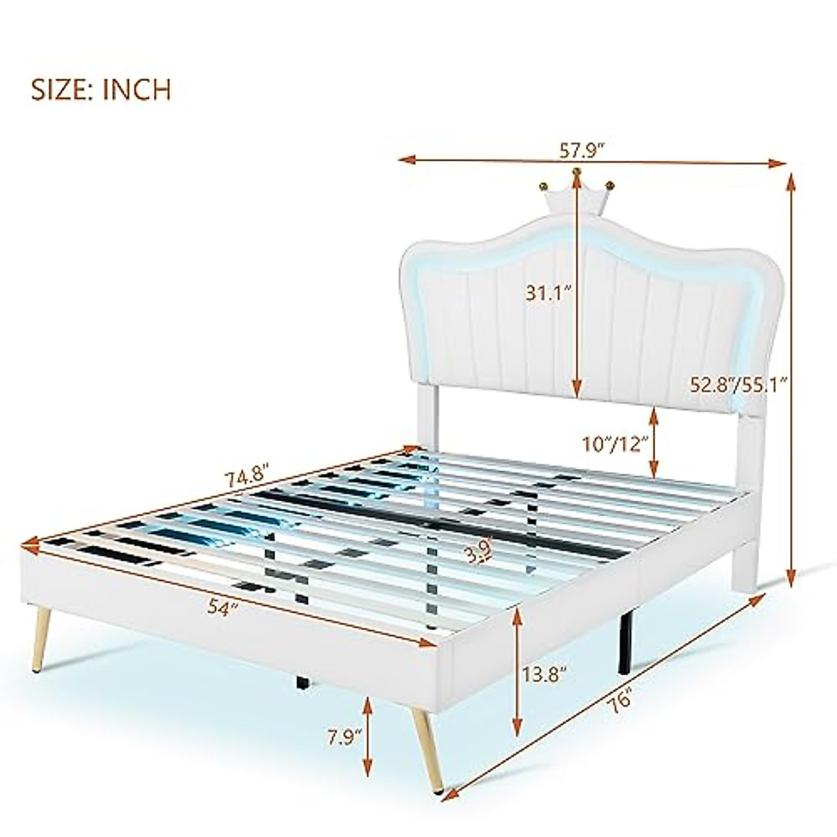 LED Full Bed Frame, Upholstered Platform Bed with Crown Headboard, Modern Faux Leather Princess Beds with Light for Kids Girls Boys Teens, No Box Spring Needed, White