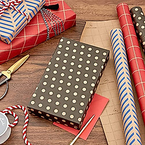 Hallmark Recyclable Wrapping Paper with Cutlines on Reverse (3 Rolls: 60 sq. ft. ttl) Red Grid, Blue Chevron, Black Dots on Kraft Brown for Birthdays, Graduations, Christmas, 0005EWR6546