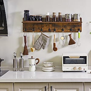 YMYNY Coat Rack Shelf Wall Mounted, Wooden Coat Hooks Set of 2, Entryway Coat Hanger with 8 Hooks,31.5''L Floating Shelves, Key Holder, for Kitchen, Bathroom, Living Room, Rustic Brown, UHWS006H-2