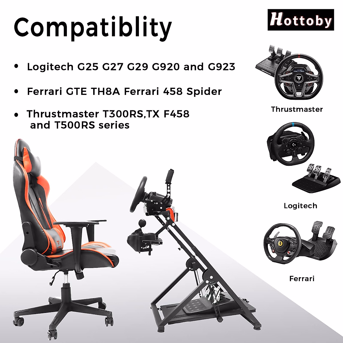 Hottoby racing steering wheel adjustable fits for Logitech and Thrustmaster, steering wheel, pedals and handbrake not included