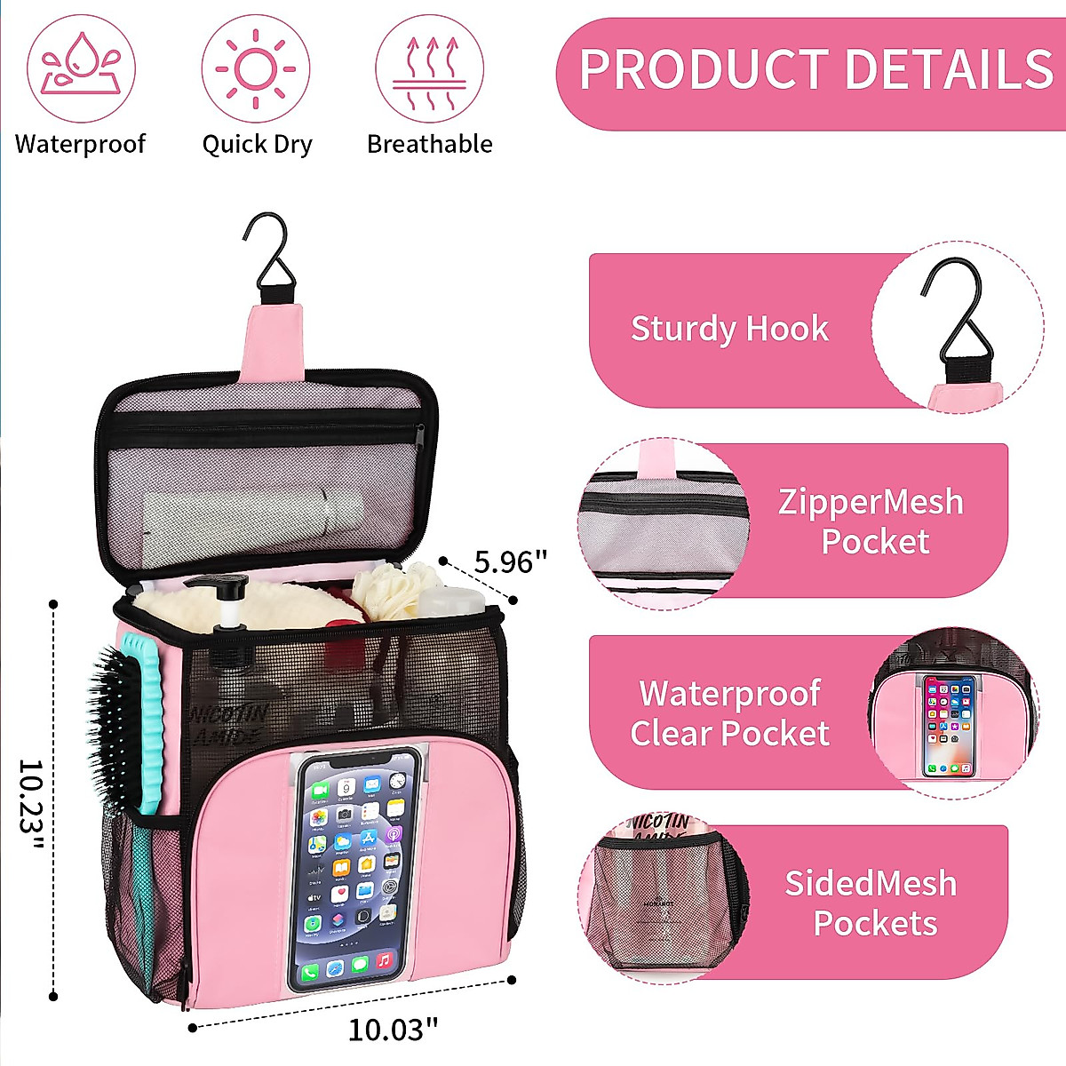 Shower Caddy Portable, Large Capacity Shower Caddy Dorm Tote bag, Hanging Shower Bag for College Dorm Room Essentials, Quick Dry Mesh Toiletry Bag with Phone Pocket for Boys and Girls (pink)