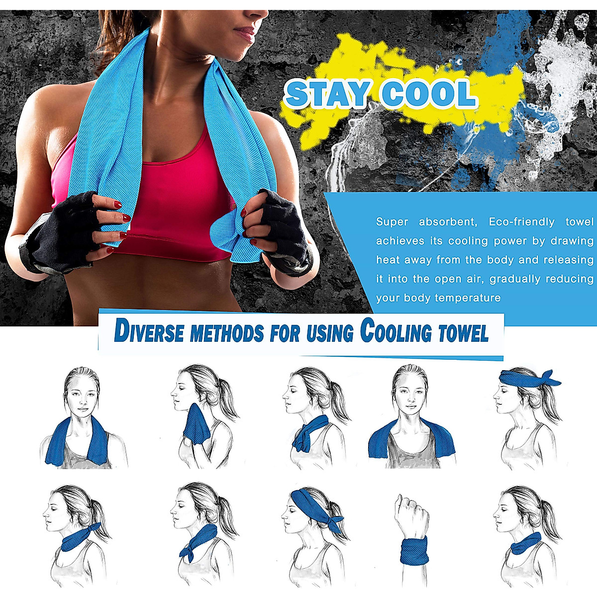 Hystrada 8 Pack Cooling Towels 40" x 12"-Cooling Scarf, Cold snap Cooling Towel for Instant Cooling Relief for All Physical Activities: Golf, Fitness, Camping, Hiking, Yoga, Pilates