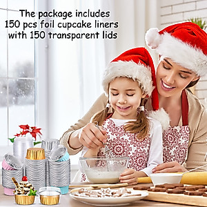 150 Pcs Cupcake Liners with Lids 5 oz Aluminum Foil Cupcake Baking Cups Disposable Ramekins Muffin Cups Mini Aluminum Pans with Lids Cupcake Holder for Creme Brulee or Cupcake(Gold Silver Pink Blue)